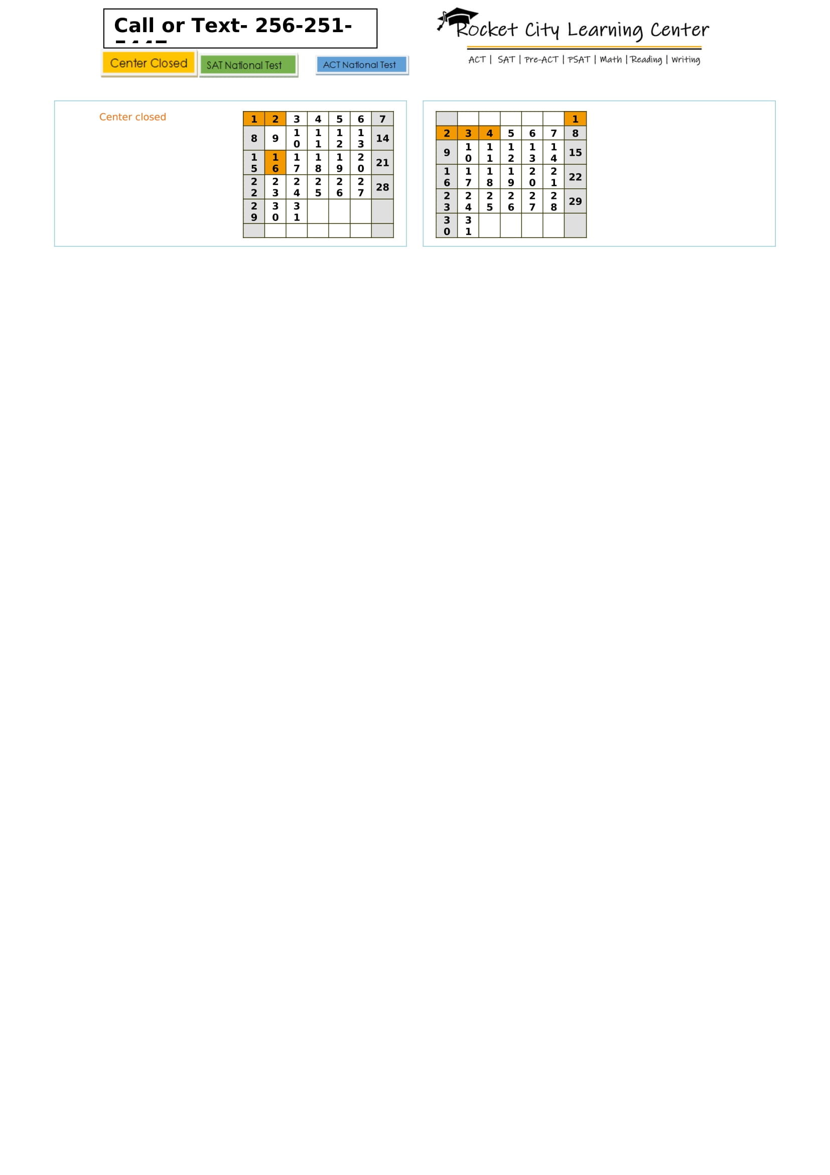 Our Calendar "Rocketcitylearningcenter" Rocket City Learning Center